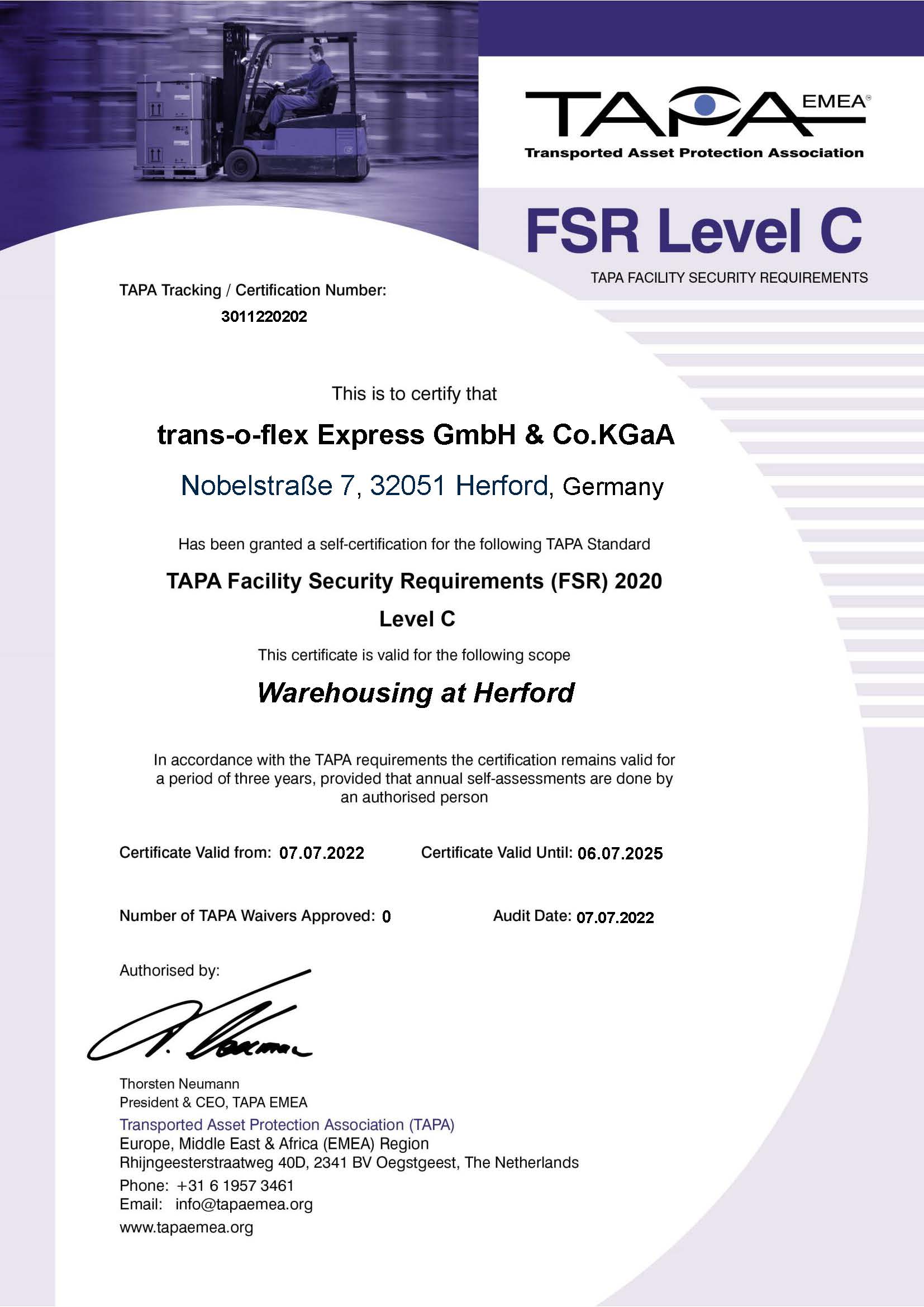 Herford: another trans-o-flex site awarded the demanding TAPA certification